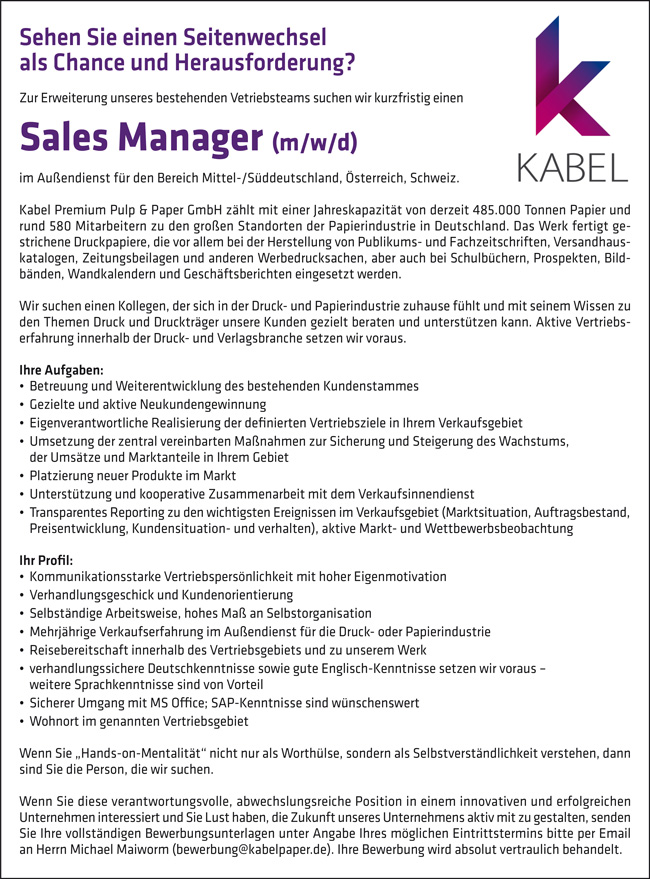 Sales-Manager (m/w/d) im Außendienst für den Bereich Mittel-/Süddeutschland, Österreich, Schweiz ...